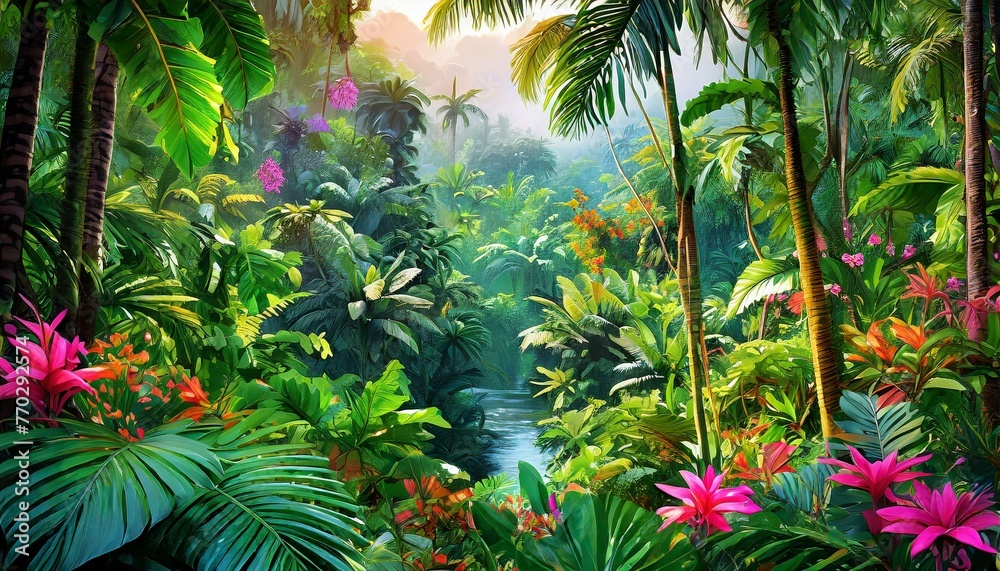 forest background A vibrant jungle canopy lush foliage exotic flora ...