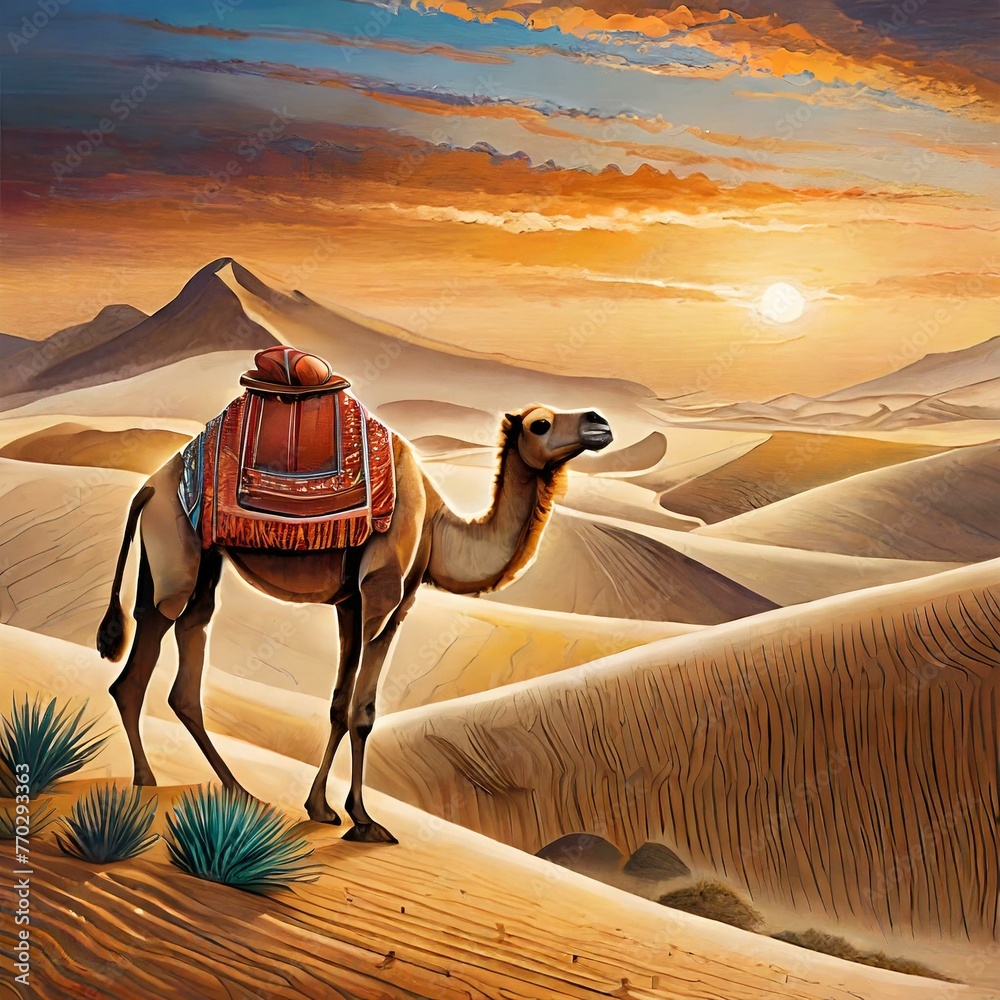 camel in the desert.a captivating wall art featuring a camel caravan ...