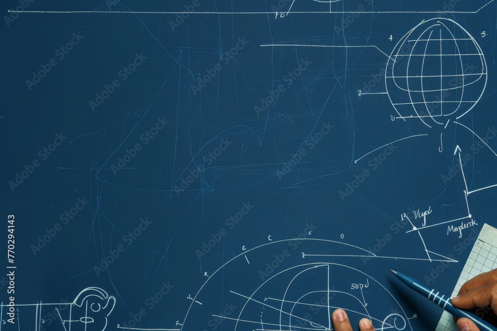 Top down view of blue background with schemas and text diagrammatic ...