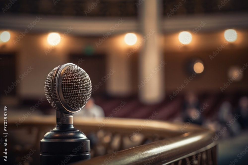 A microphone is sitting on a railing in a room. The microphone is ...