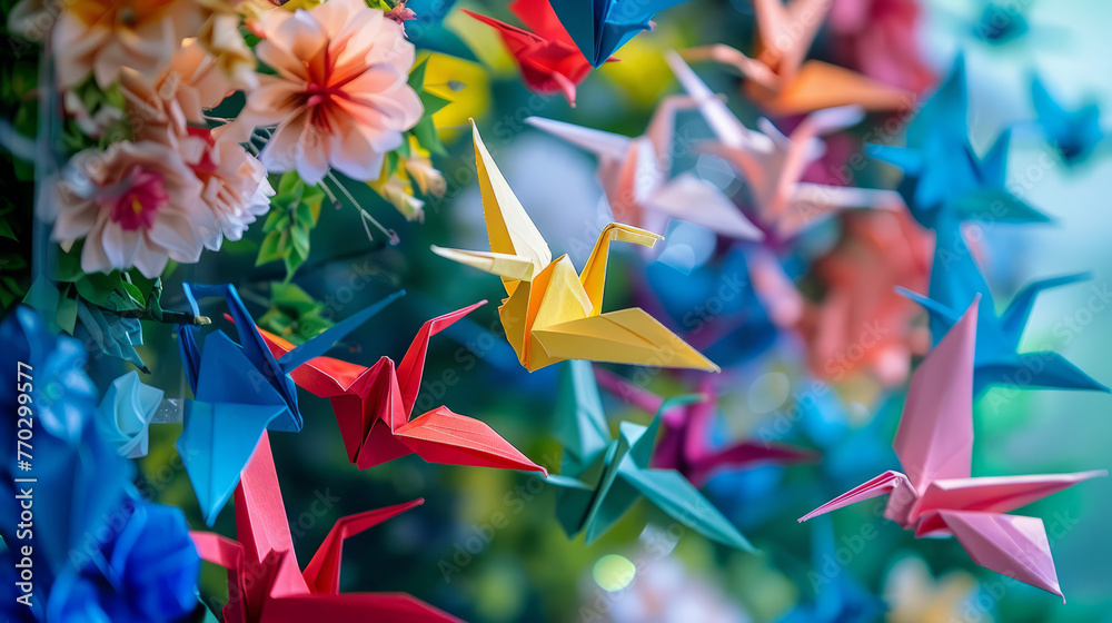 A multitude of brightly colored origami cranes represent hope, peace ...