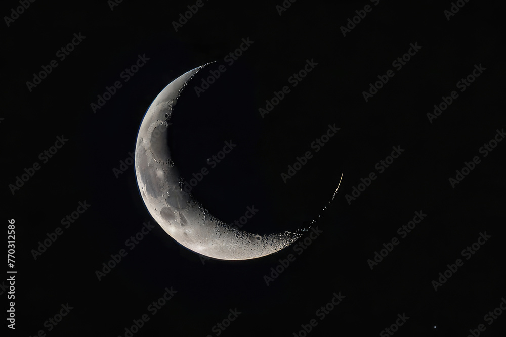 Detailed Crescent Moon in the night sky. Crescent Moon on black ...