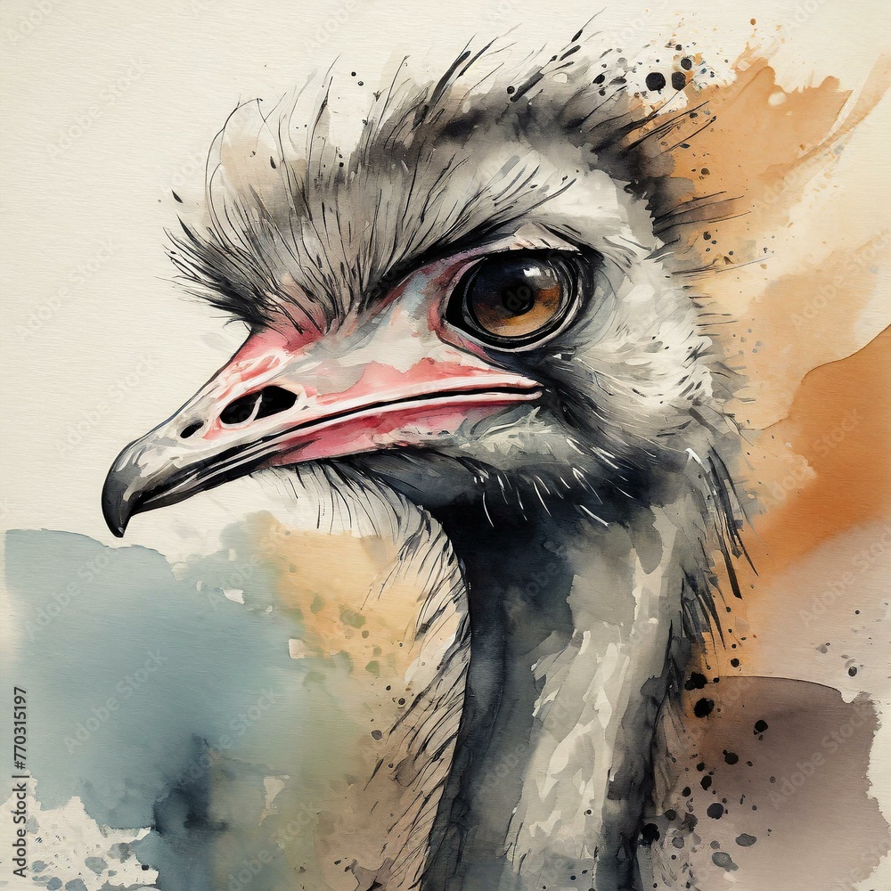 ostrich head close up.a minimalist wall watercolor painting capturing ...