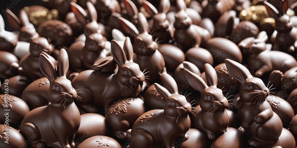 Pile of Chocolate Bunnies Sitting on Chocolate Eggs. A festive pile of ...