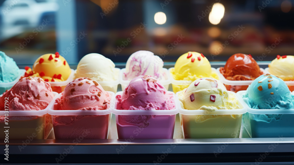 Super detailed photo of ice cream in boxes. Depth of field. Appetizing ...