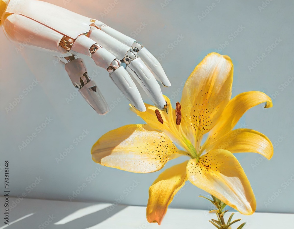 A robot hand equipped with a brush gently pollinating the bright yellow ...