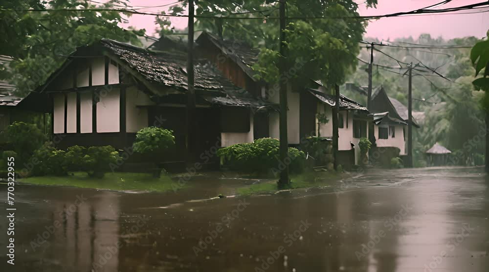 Vidéo Stock Rainy Nostalgia: Traditional Houses and Trees in the Rain ...