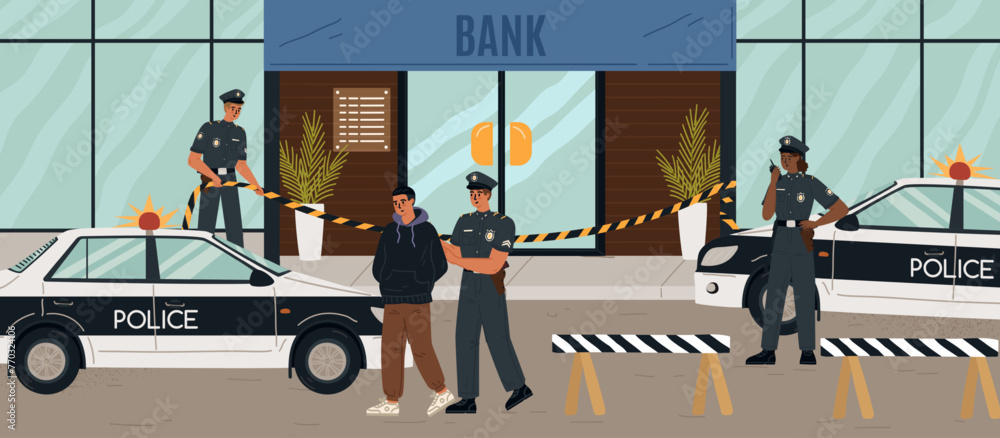 Poster Police officers arresting bank robbers vector scene – Wall Art ...