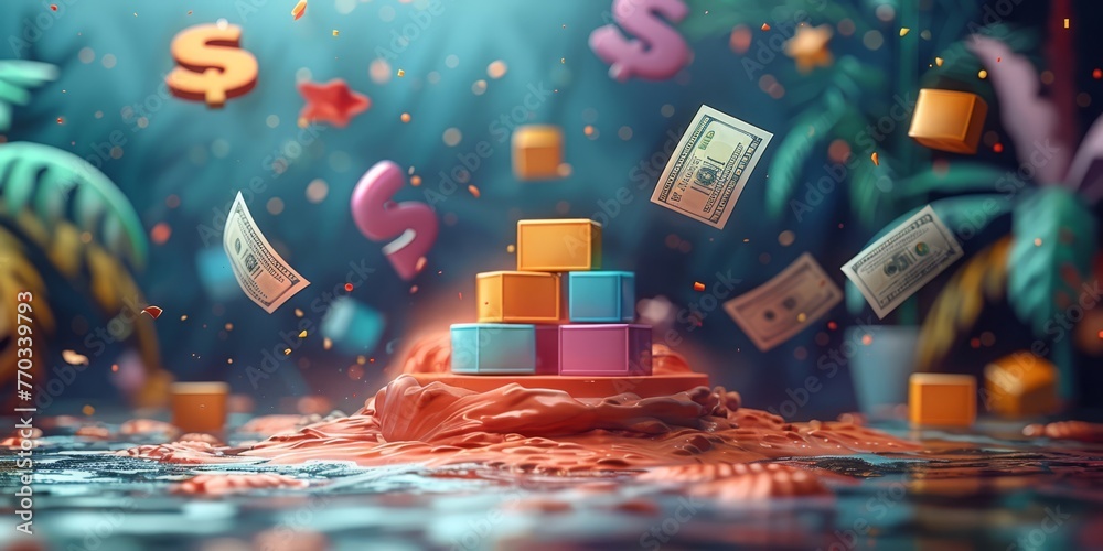 Playful 3D render of anthropomorphic, toy block-like dollar signs ...