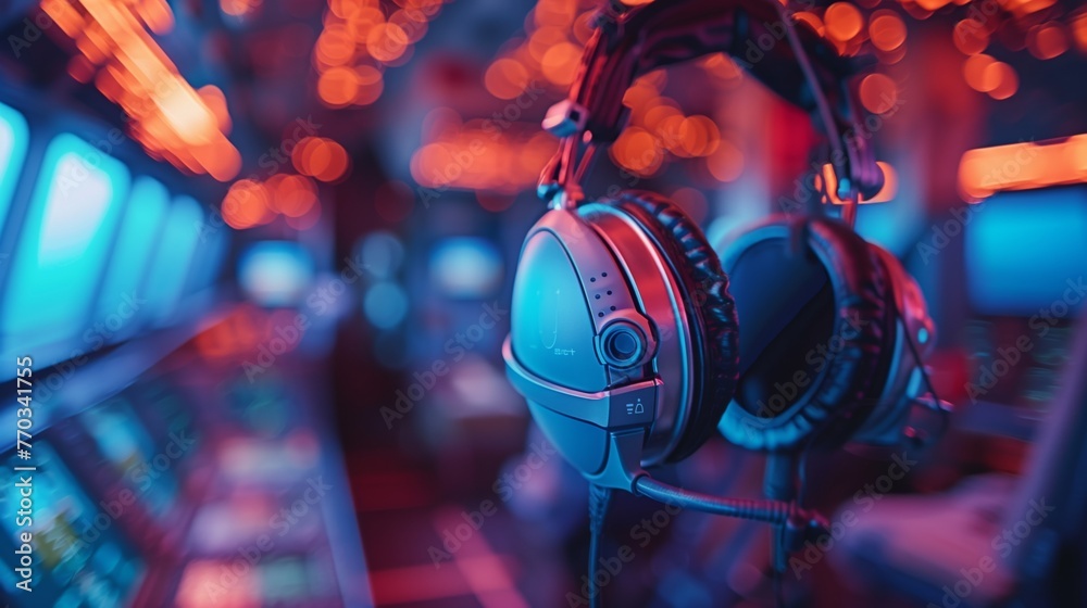Aviation Headset in Aircraft Cockpit at Night. Aviation headset hangs ...