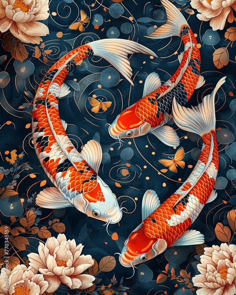 Vibrant Japanese artistry, engaging koi fish patterns, serene ...