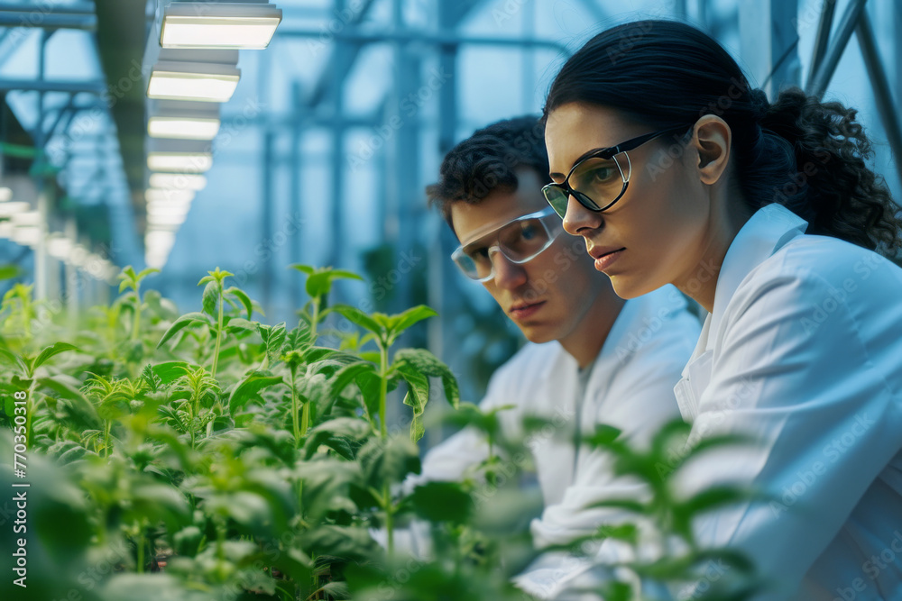 Male and female scientists analyzing plant growth in modern ...