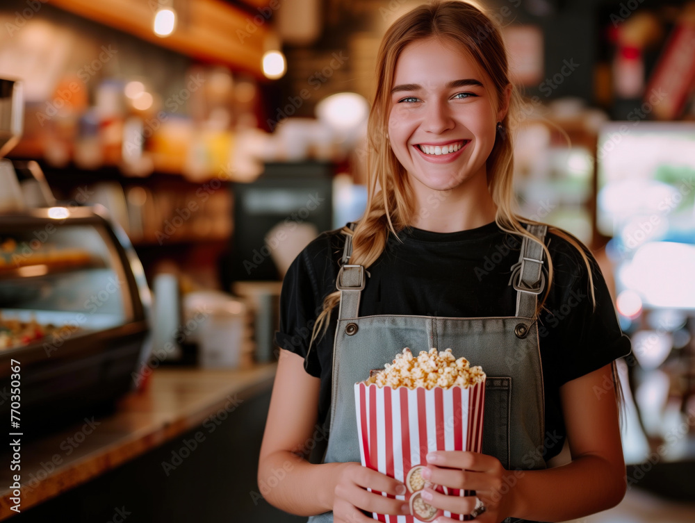 Friendly cinema employee with a warm smile offering popcorn at a movie ...