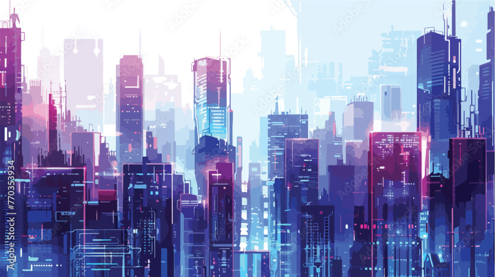 Cyberpunk city background. Bright glowing houses Stock Vector | Adobe Stock
