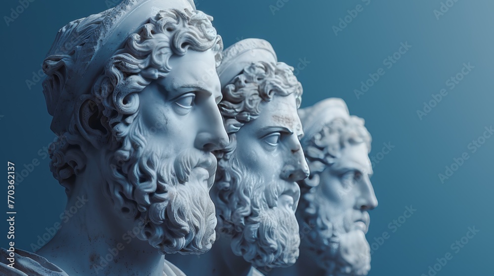 Three statues of men with beards and one of them has a beard on his ...