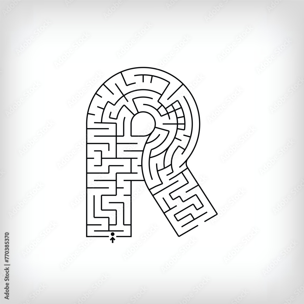 Unique linear letter R maze puzzle. Confusing game and educational ...
