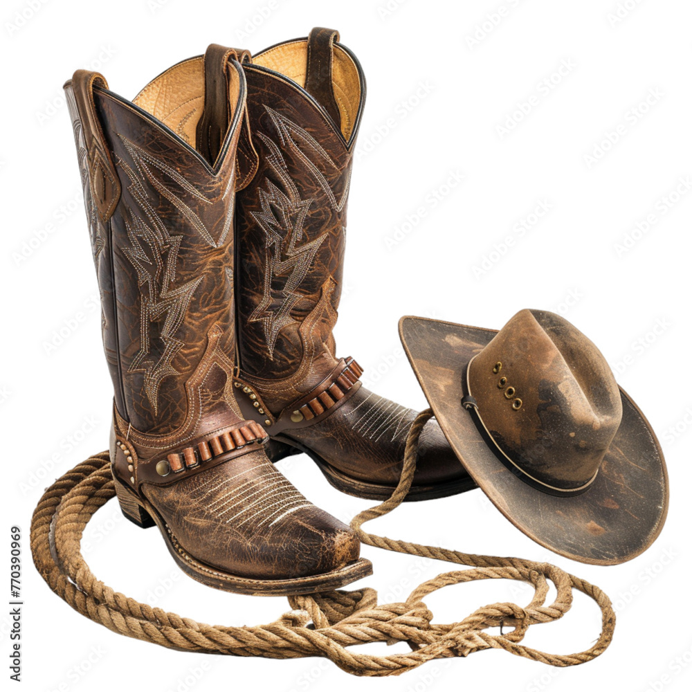 Western boots and a lap or lariat rope and spurs and a cowboy hat on a ...