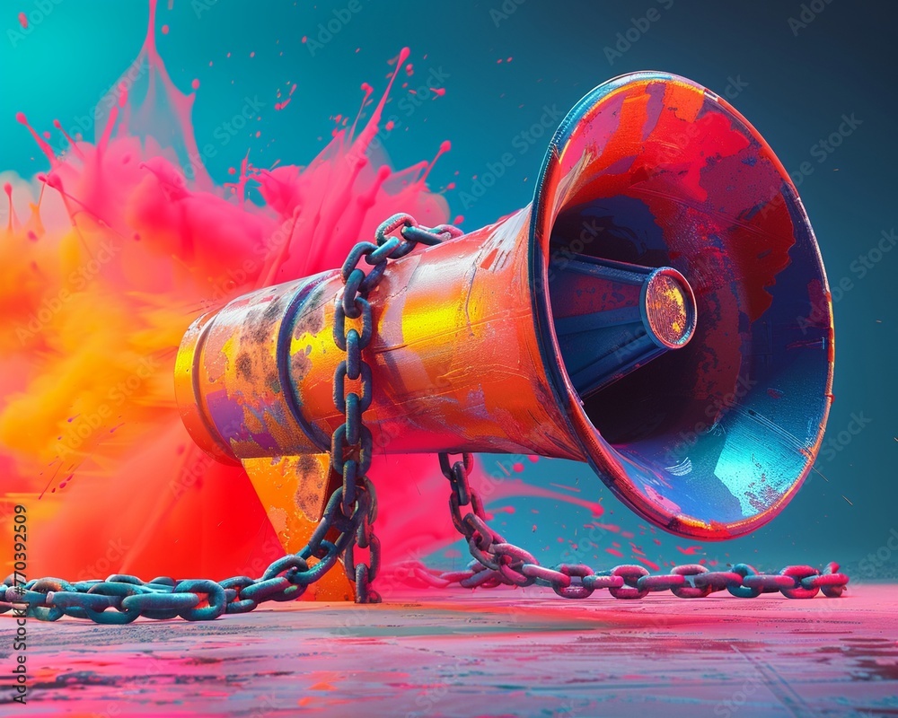 Megaphone wrapped in symbolic chains, breaking free, 3D render, symbol ...