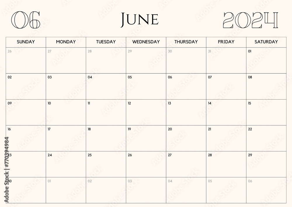 Printable Monthly Calendar Template for June 2024. Wall Calendar in a ...