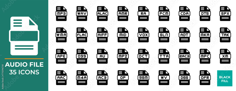 Audio File Type Icon Set Black Fill Style Design Format File Extension Symbols Icons