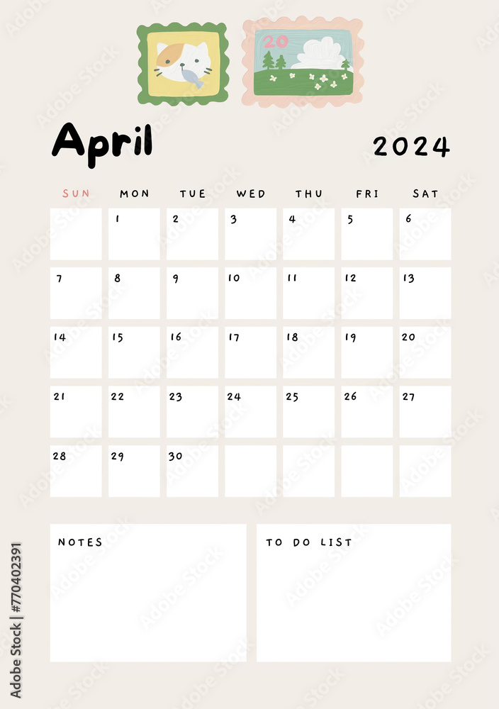 Cute Monthly Planner April 2024 Calendar with Pastel Background ...