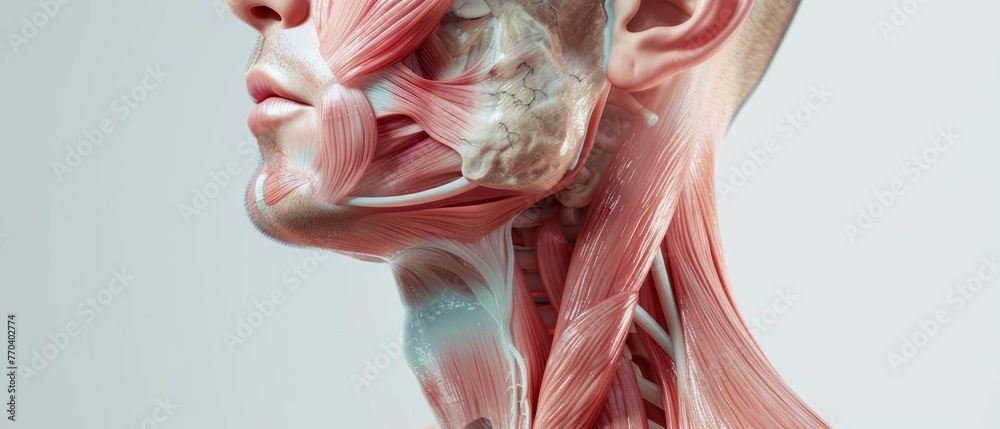 a diagram of the muscles of the face and neck of a human male. The ...