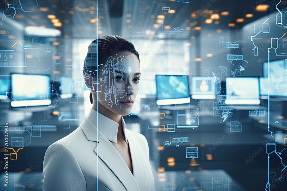 human face in white office with digital network icons inside, in the ...
