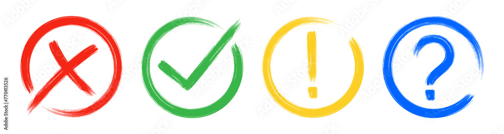Dirty grunge cross x, tick OK, exclamation and question check marks in ...