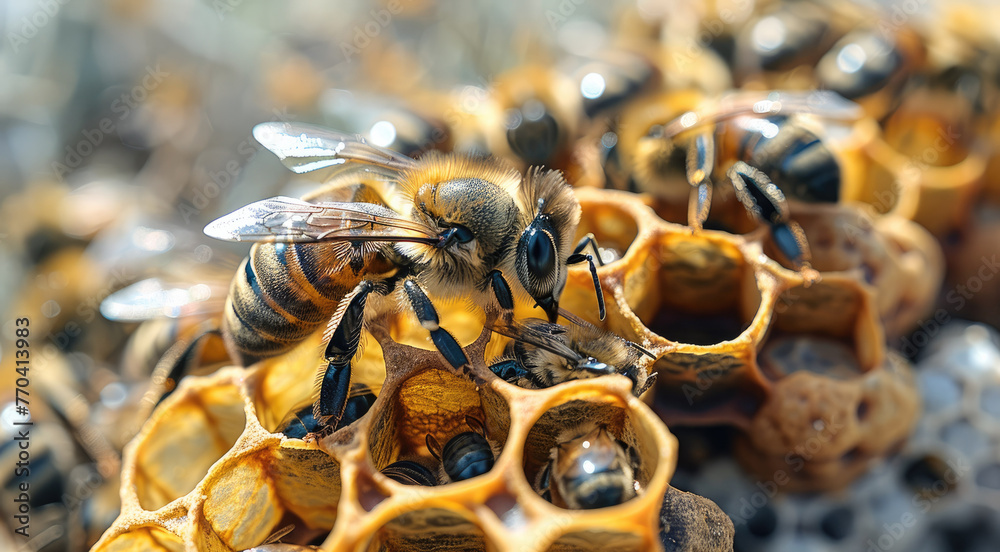 The queen bee is laying eggs with bee eggs and larvae all around ...