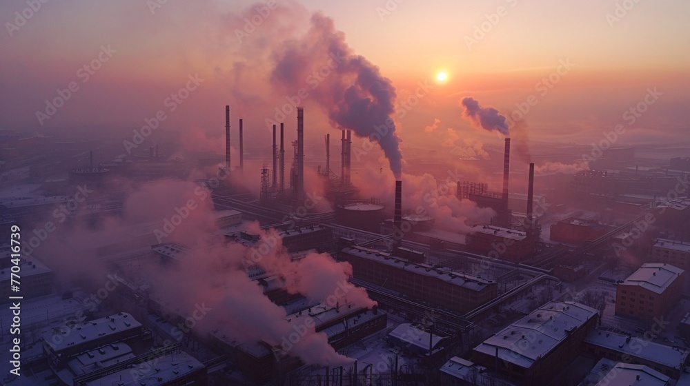 Industrial metal factory emitting pollutants at sunrise captured in ...