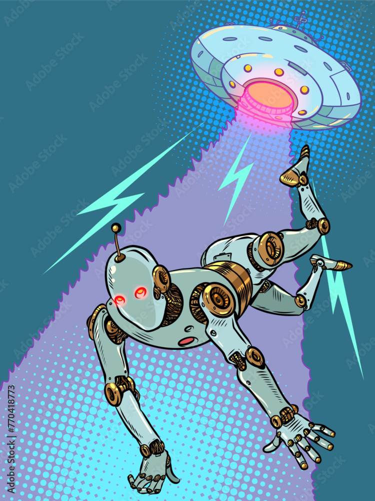 Pop Art Retro The robot is lifted towards itself by a flying saucer ...