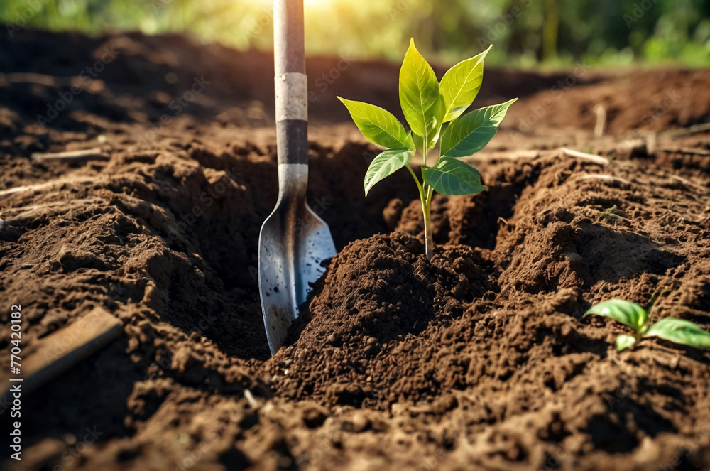 Young tree sapling lies at dug hole next to shovel and is ready to ...