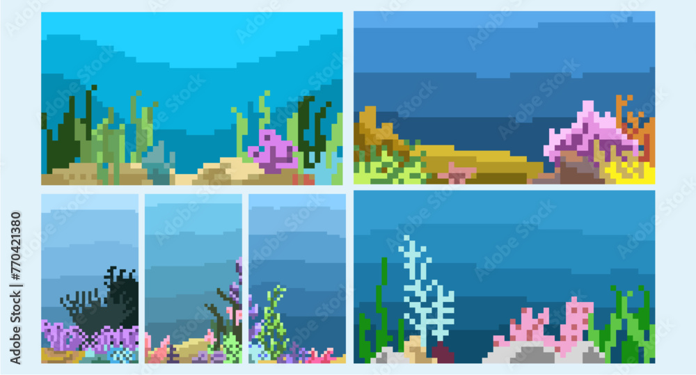 pixel art underwater world in sea vector cartoon landscape, Sea ...
