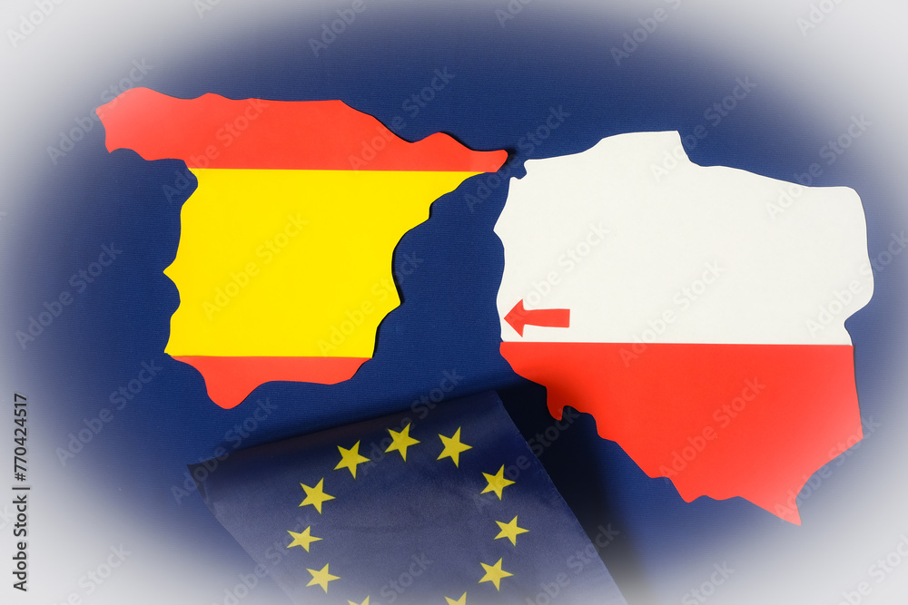 Poland map. Spain map. Arrow. Euro Union flag. Population migration ...