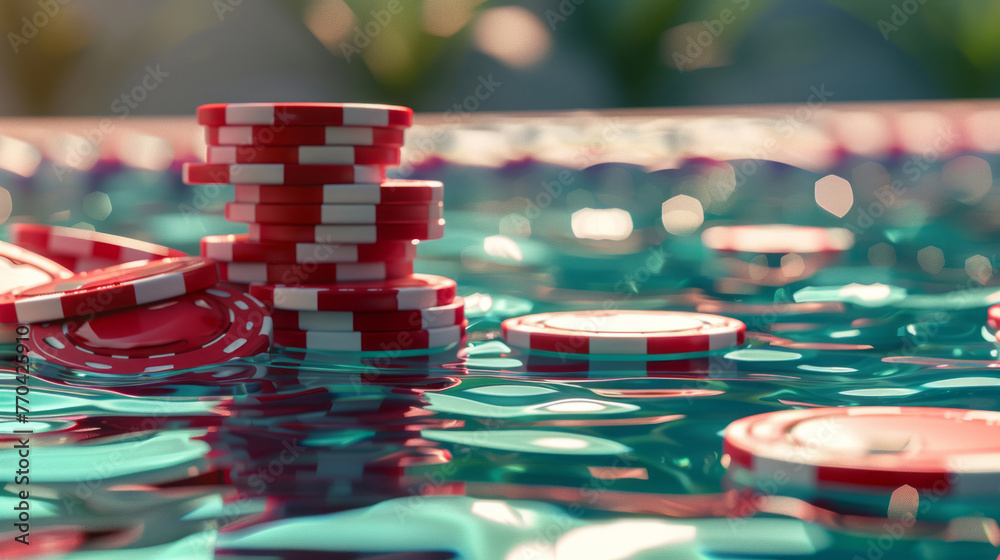 Red and white casino chips sit in a pool, creating rounded shapes in ...