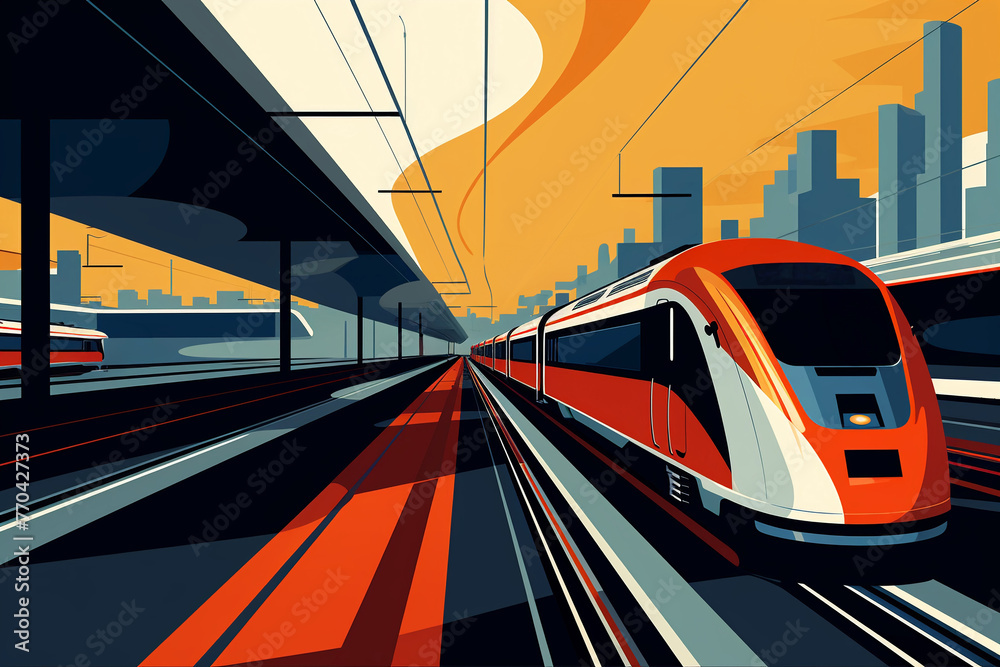 Use bold colors and clean lines to depict a sleek and modern railway ...