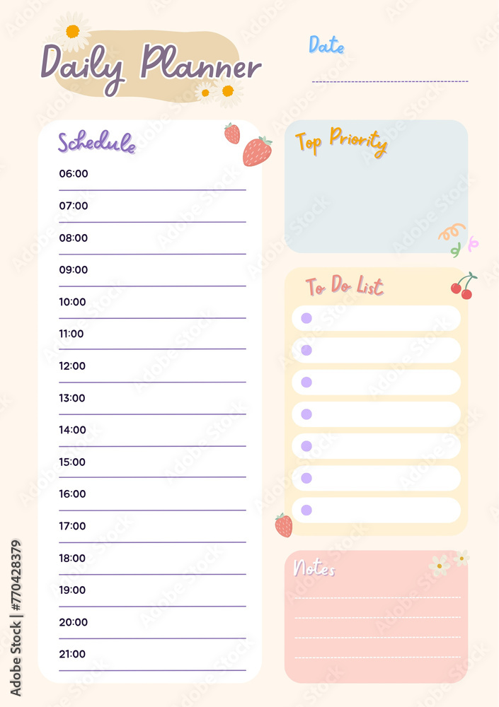 Printable Daily Planner Template with Pastel Theme. Planner with Hourly Schedule, Priority, To ...