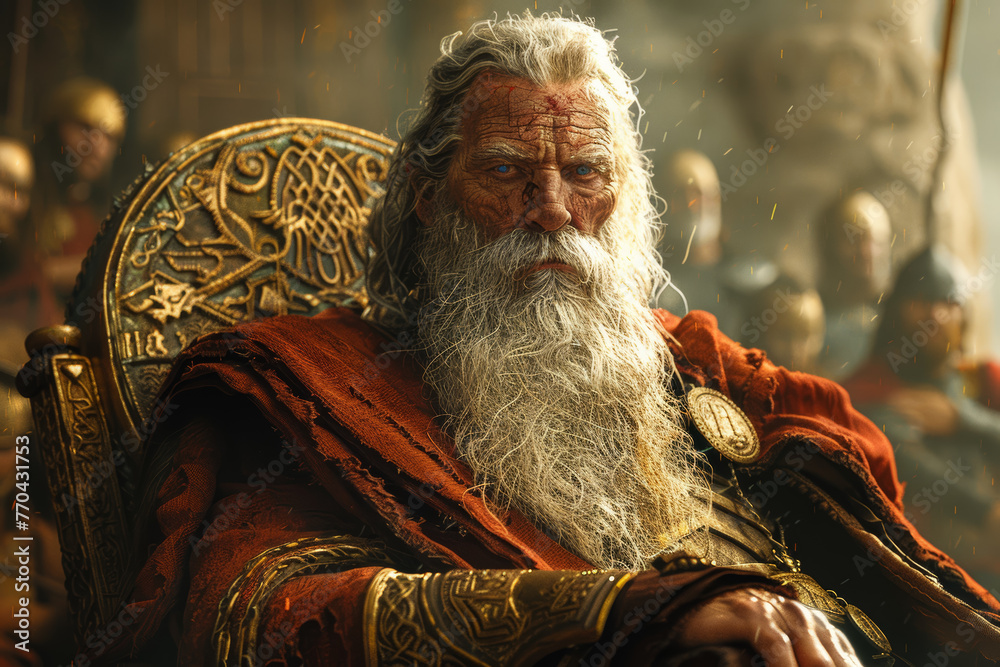 Majestic Odin, the one-eyed Allfather of Norse mythology, sits upon his ...