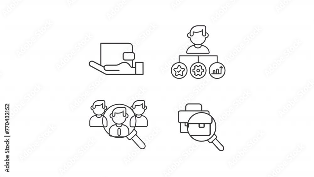Candidate search animation set. Recruitment animated line icons. Worker ...