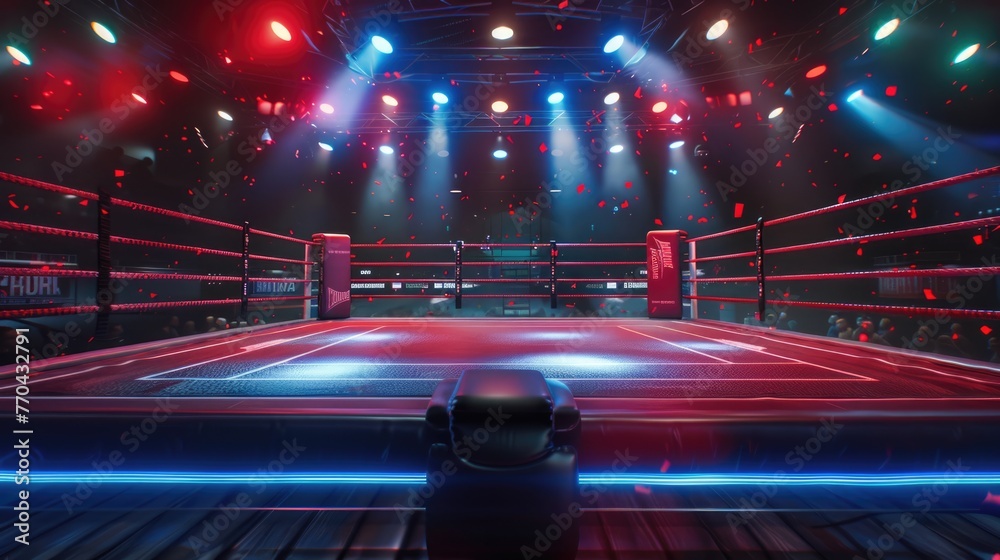 Empty modern boxing ring before start of professional boxing match or ...