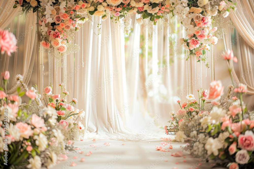 Wedding ceremony background decoration with plant and bouquets flowers ...