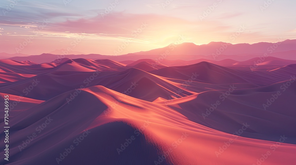 A digital illustration of rolling red sand dunes under a sunset sky ...