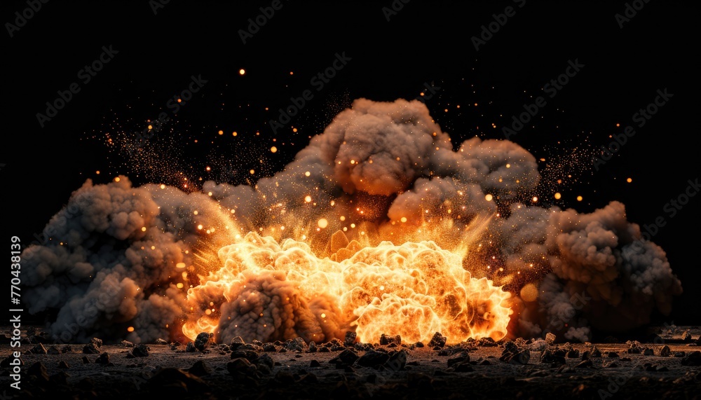Explosion with smoke and sparks on isolated dark background. A huge ...