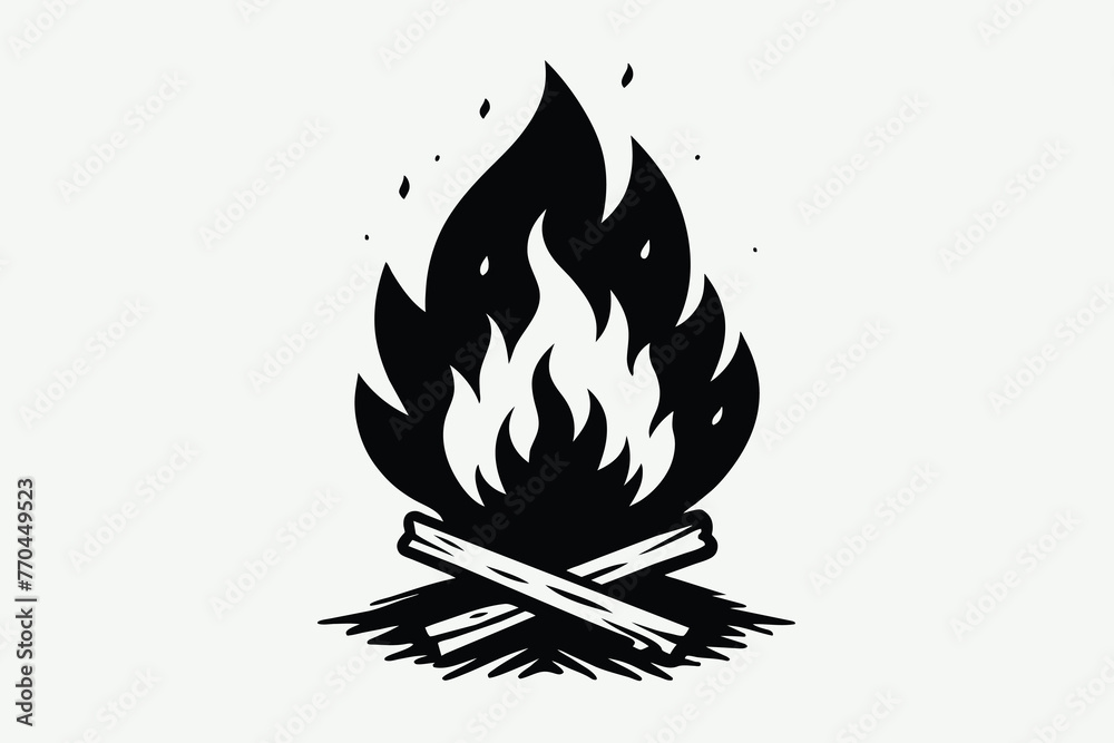 Set of flame and fire in vintage style. Hand drawn engraved monochrome ...