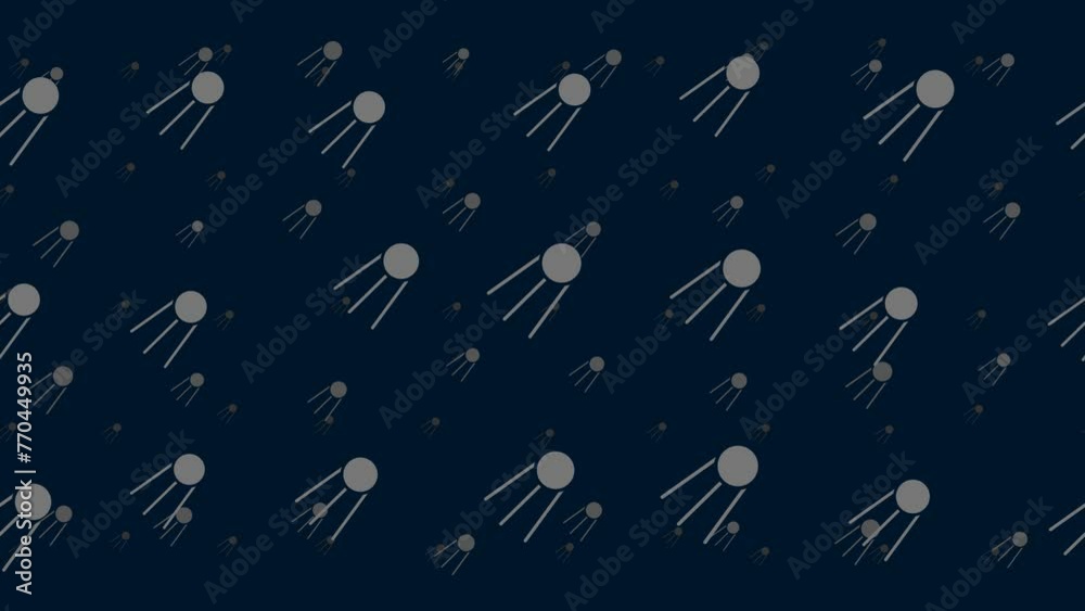 Satellite symbols float horizontally from left to right. Parallax fly effect. Floating symbols ...
