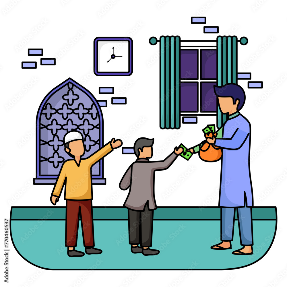 Cash Giving to Kids as Eid Gift concept, Eidi Cash distribution vector ...