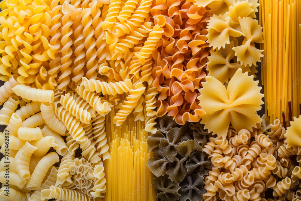 A variety of pasta dishes are displayed in bowls, including shells ...