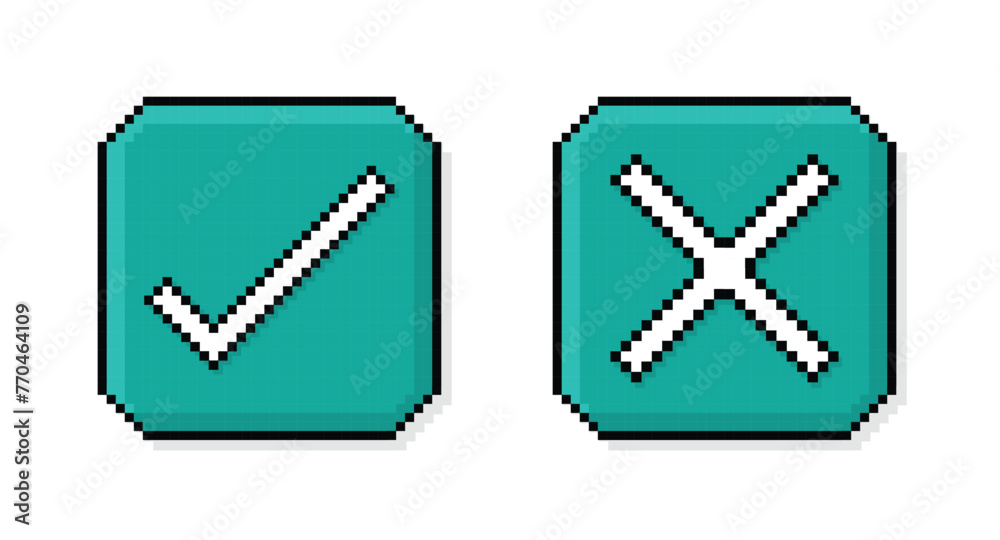 Pixel art, 90s mood, 8bit retro style check mark and cross mark, set of ...