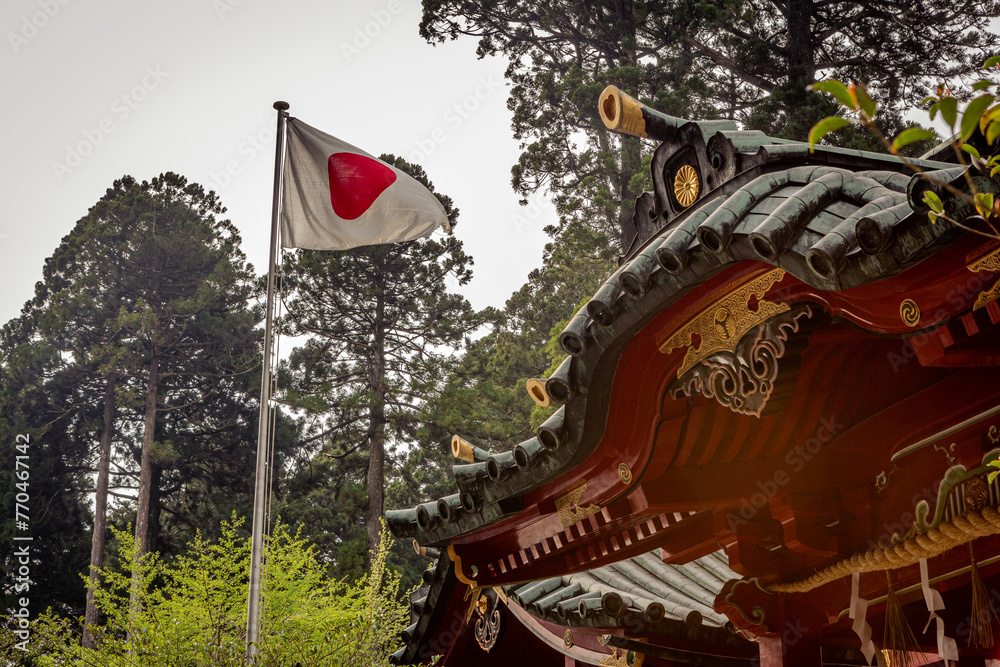 Japanese temple with its flag, Buddhist temple near Mount Fuji, spring ...