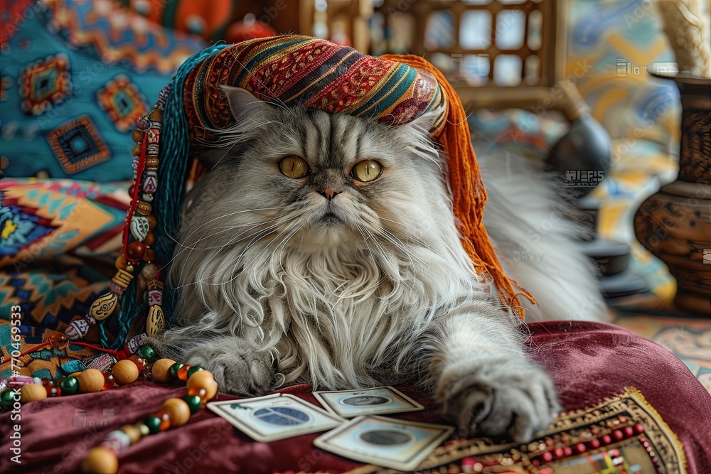 A Cat Feline Fortune Teller A regal Persian cat sits on a plush velvet ...